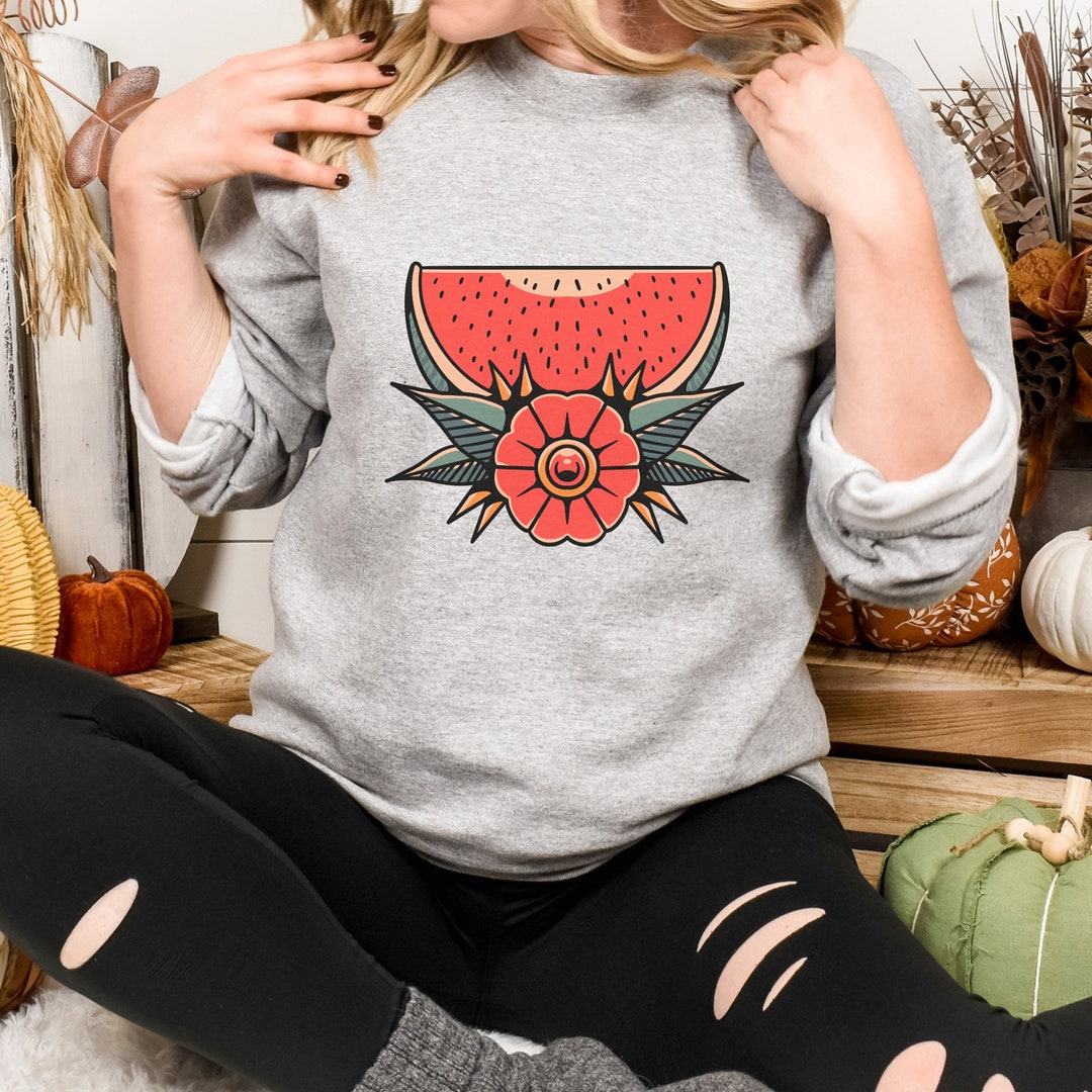 Watermelon Flash Tattoo Gothic Shirt, Watermelon Shirt, Floral Crewneck ...