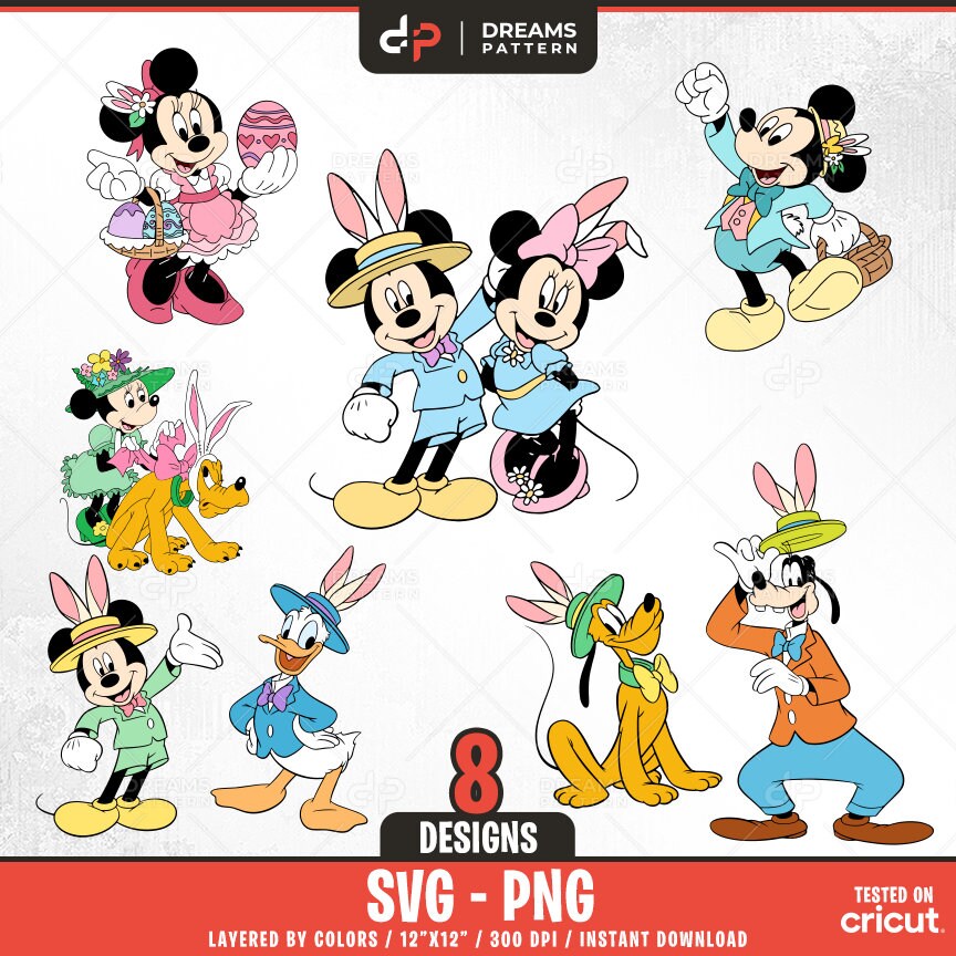 Easter Mouse and Friends Svg, 8 Designs Easy to Use, Cartoon Characters ...
