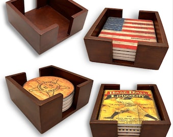 Wood Coaster Holder. Maple Finish Wooden. Holds up to 6 Coasters. Round ...