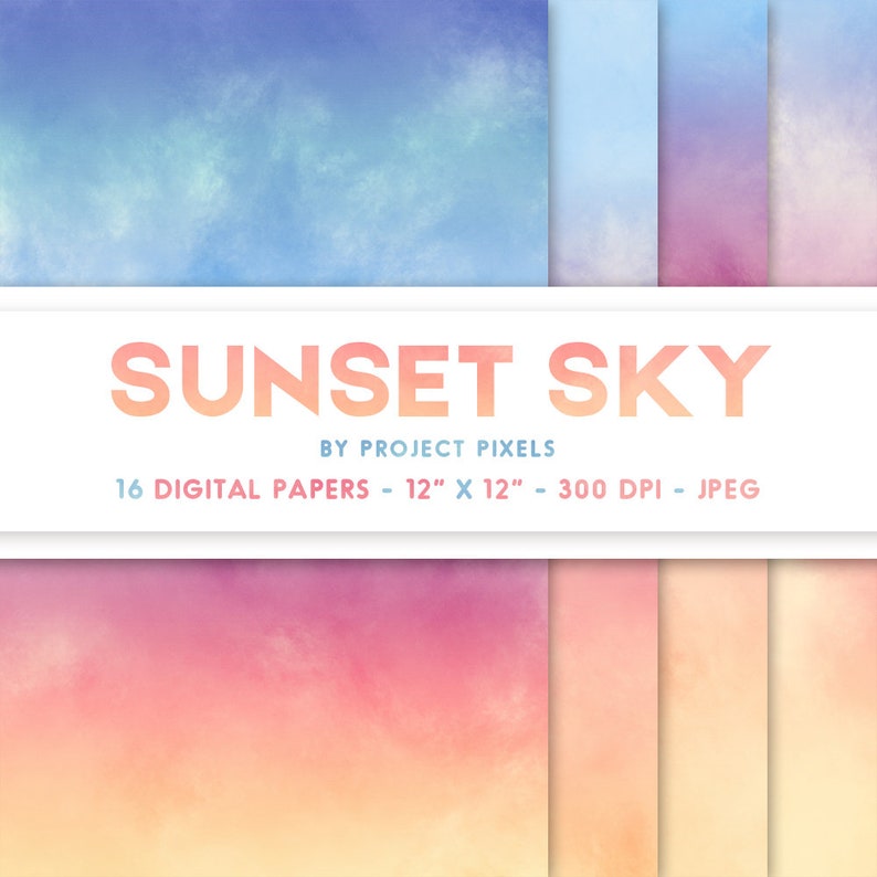 Sunset Sky Digital Paper, Soft Paint Texture, Sky Backgrounds, Sun Art ...