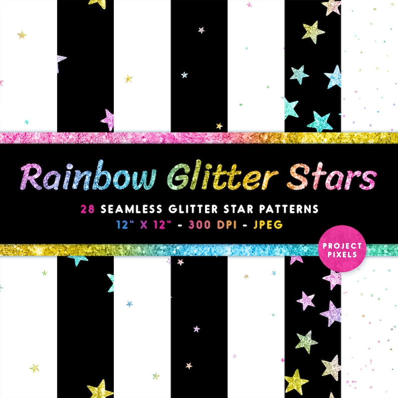 Rainbow Glitter Stars, Seamless Patterns, Digital Paper Pack, Night ...