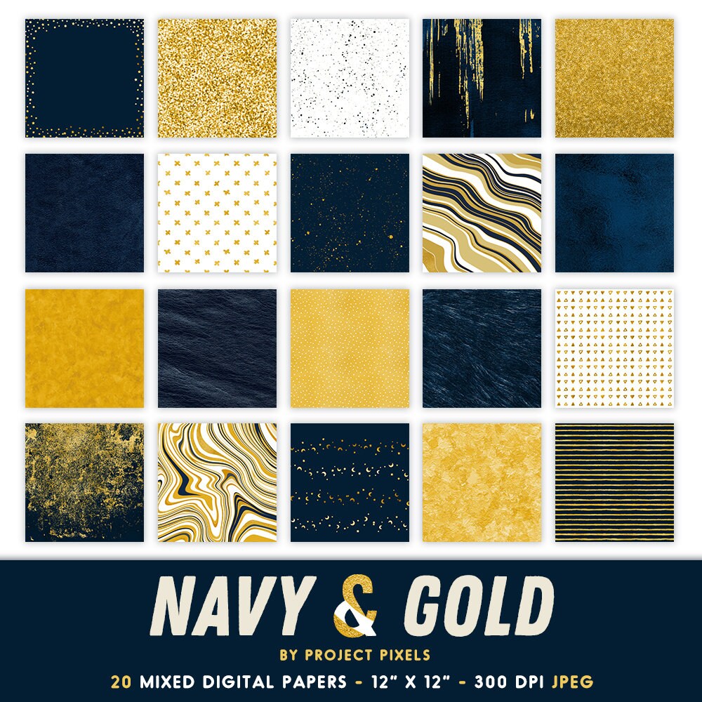 Navy & Gold Mixed Digital Paper Pack, Mixed Media Paper, Abstract Art ...