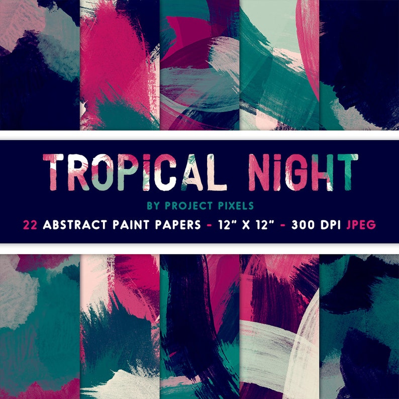 Tropical Night Digital Paper Pack Teal Pink Paper Brush | Etsy