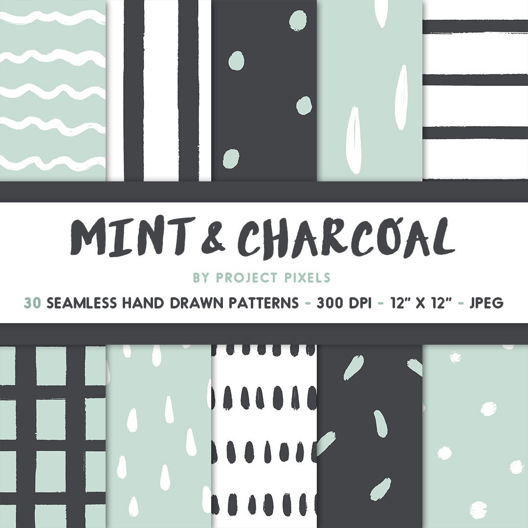 Mint & Charcoal Hand Drawn Patterns, Seamless Patterns, Digital Paper ...