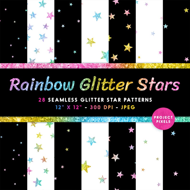 Rainbow Glitter Stars, Seamless Patterns, Digital Paper Pack, Night ...
