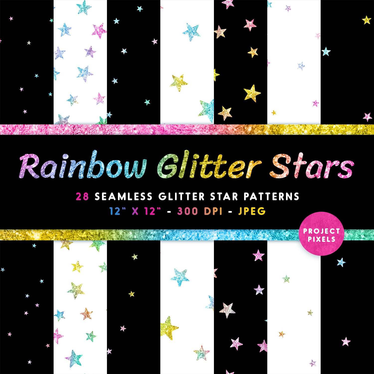 Rainbow Glitter Stars, Seamless Patterns, Digital Paper Pack, Night ...