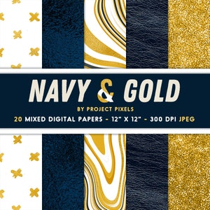 Navy & Gold Mixed Digital Paper Pack, Mixed Media Paper, Abstract Art ...