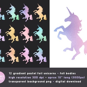 24 Gradient Pastel Unicorns, Unicorn Clip Art, Pastel Foil Clipart ...