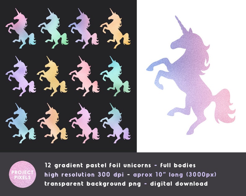 24 Gradient Pastel Unicorns, Unicorn Clip Art, Pastel Foil Clipart ...