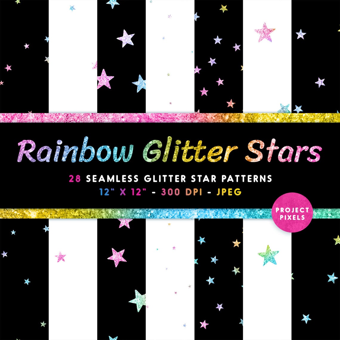 Rainbow Glitter Stars, Seamless Patterns, Digital Paper Pack, Night ...