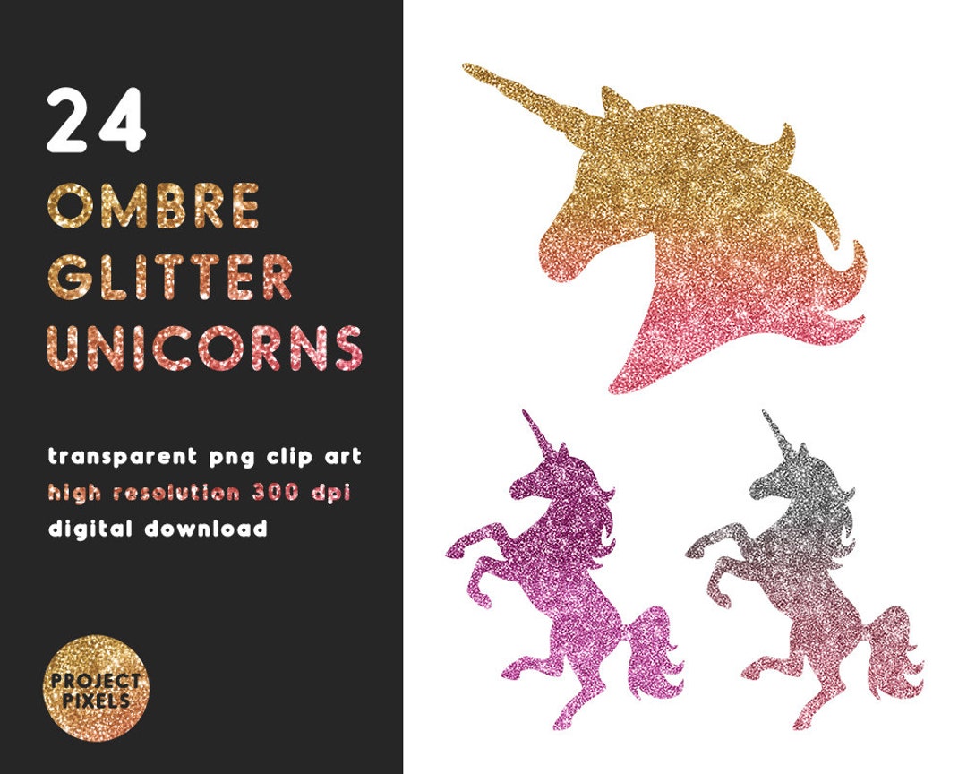 24 Ombre Glitter Unicorns, Unicorn Clip Art, Gradient Glitter Clipart ...