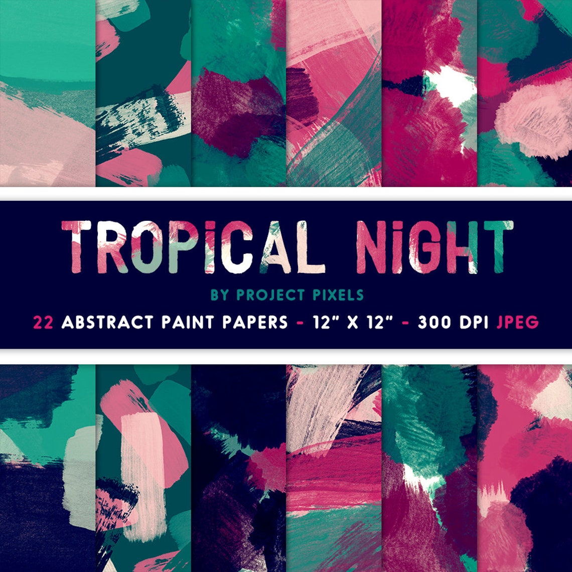Tropical Night Digital Paper Pack Teal Pink Paper Brush | Etsy
