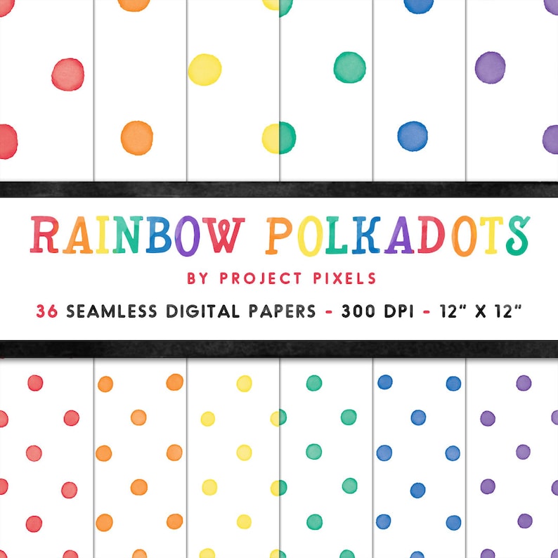 Rainbow Polkadots, Watercolor Polkadots, Seamless Patterns, Digital ...