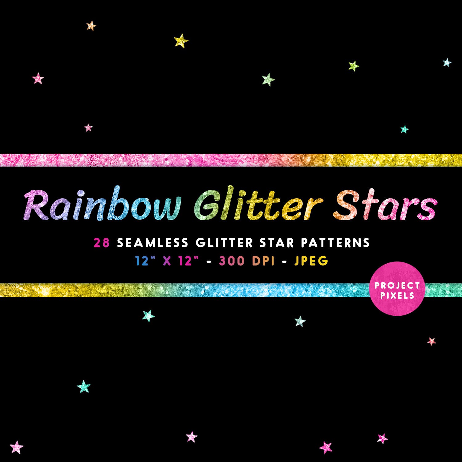 Rainbow Glitter Stars, Seamless Patterns, Digital Paper Pack, Night ...