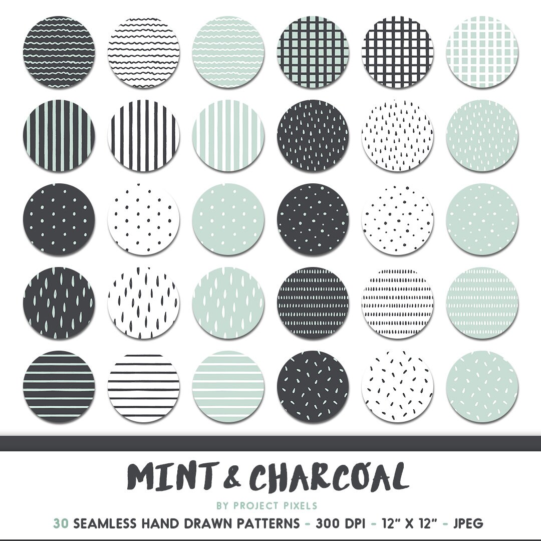 Mint & Charcoal Hand Drawn Patterns, Seamless Patterns, Digital Paper ...