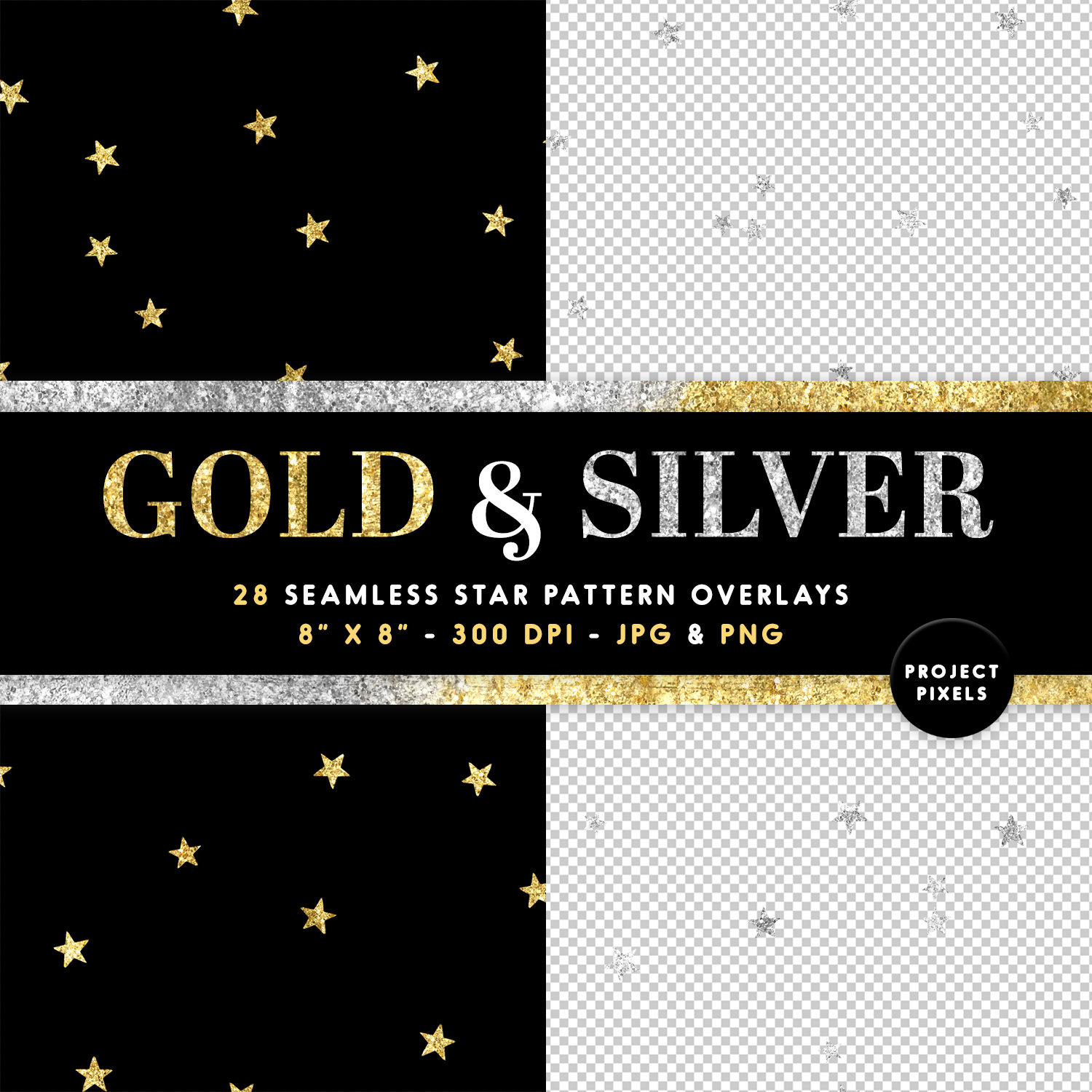 Gold and Silver Glitter Stars, Seamless Patterns, Star Overlays ...
