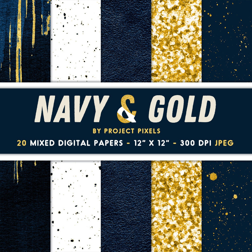Navy & Gold Mixed Digital Paper Pack, Mixed Media Paper, Abstract Art ...