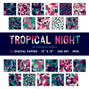 Tropical Night Digital Paper Pack, Teal Pink Paper, Brush Stroke Paint ...