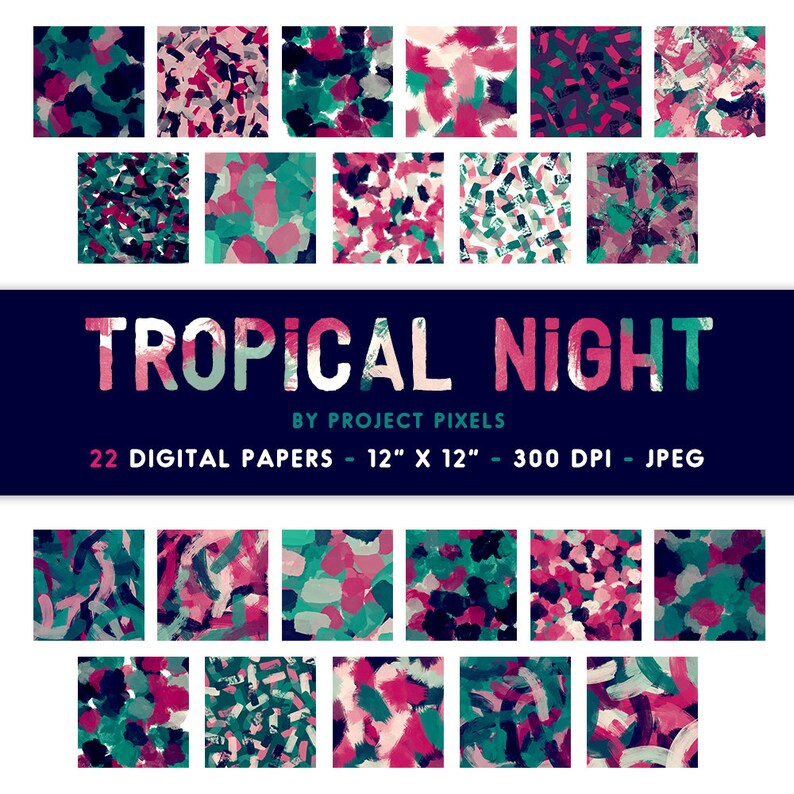 Tropical Night Digital Paper Pack Teal Pink Paper Brush - Etsy