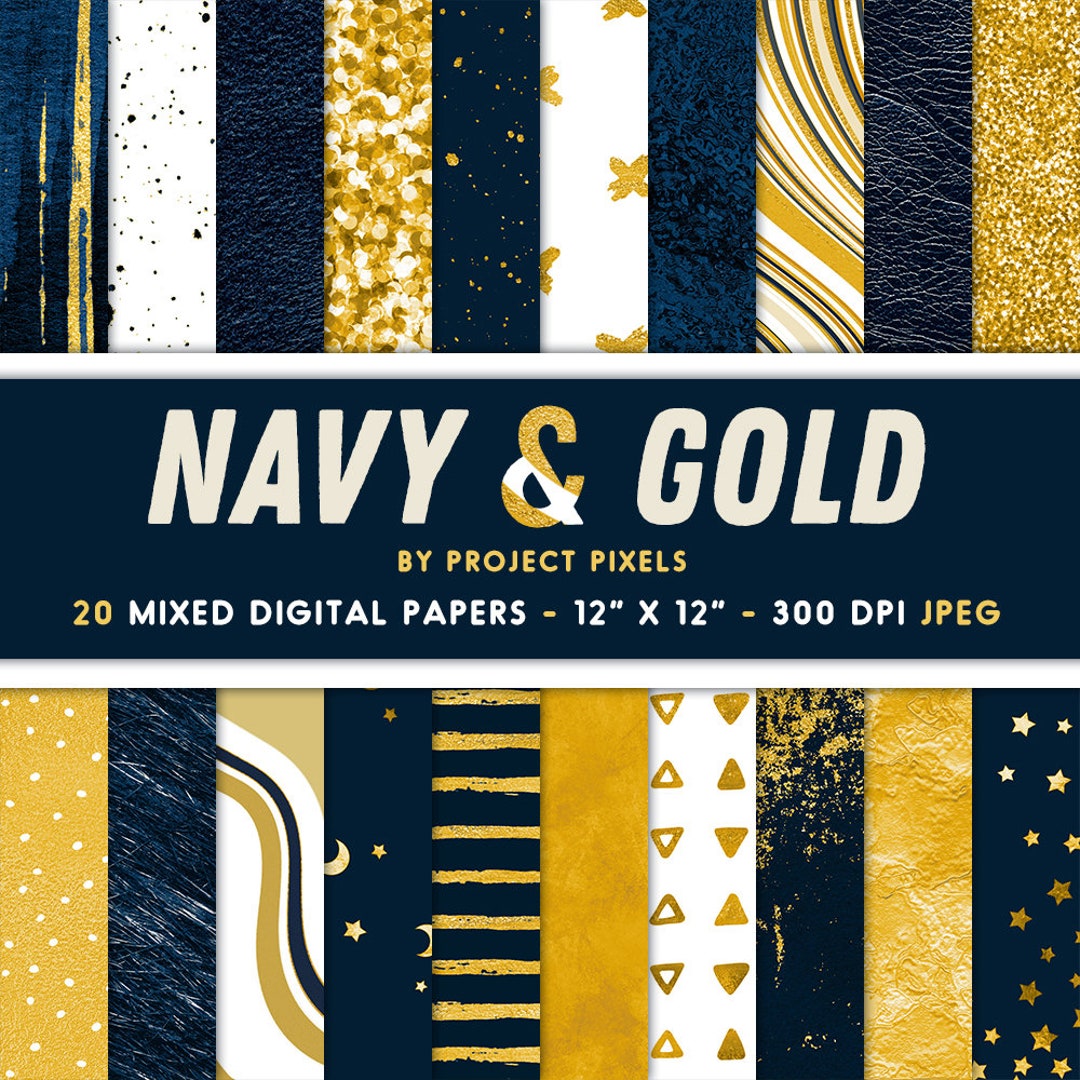 Navy & Gold Mixed Digital Paper Pack, Mixed Media Paper, Abstract Art ...