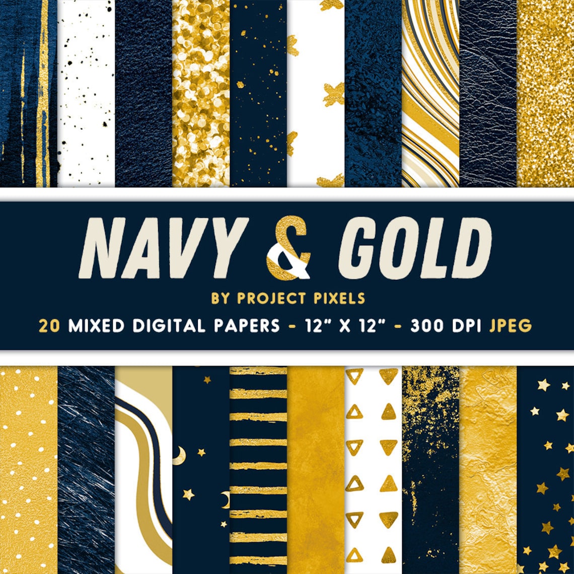 Navy & Gold Mixed Digital Paper Pack Mixed Media Paper - Etsy