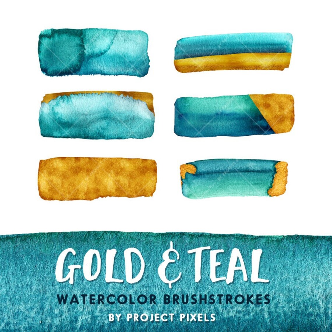 Gold & Teal Watercolor Brush Strokes Clip Art, Digital Resource, Brush ...