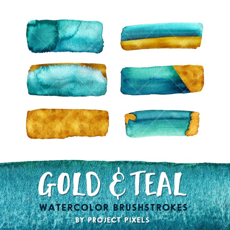 Gold & Teal Watercolor Brush Strokes Clip Art, Digital Resource, Brush ...