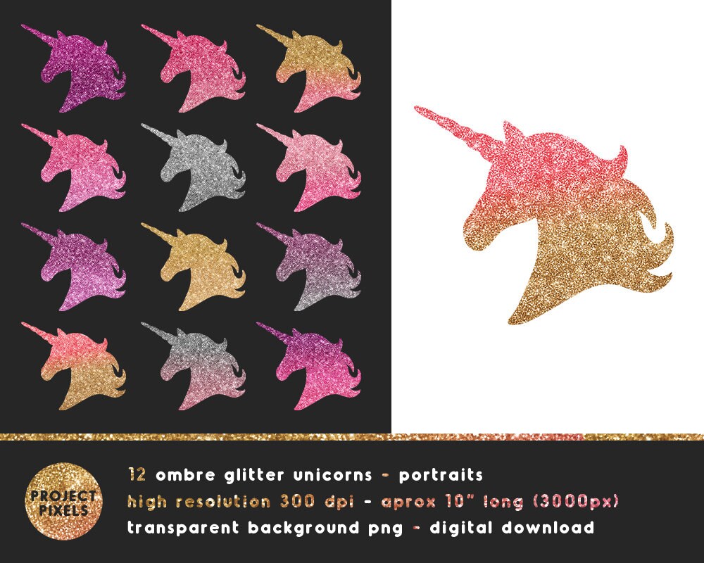 24 Ombre Glitter Unicorns, Unicorn Clip Art, Gradient Glitter Clipart ...
