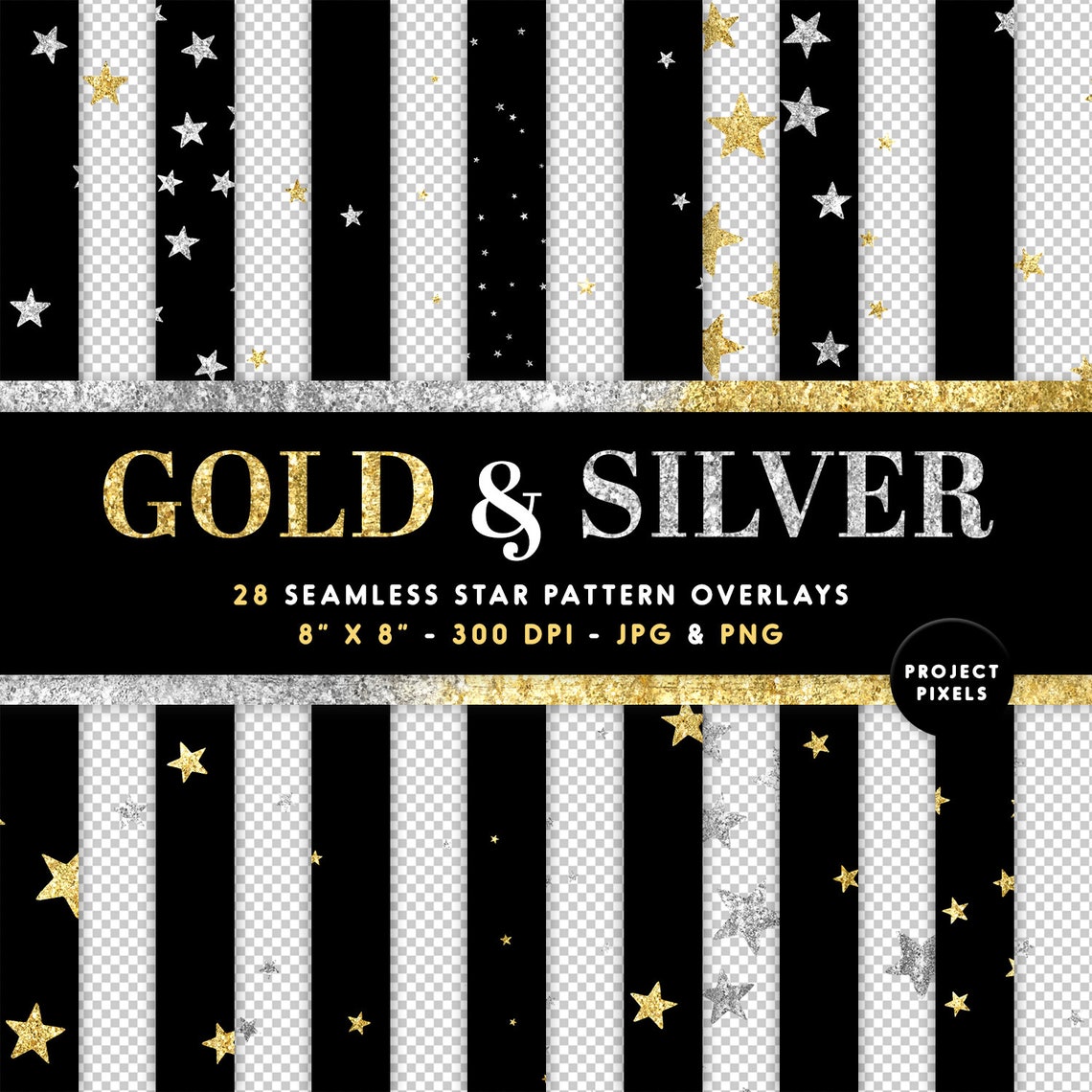 Gold and Silver Glitter Stars, Seamless Patterns, Star Overlays ...