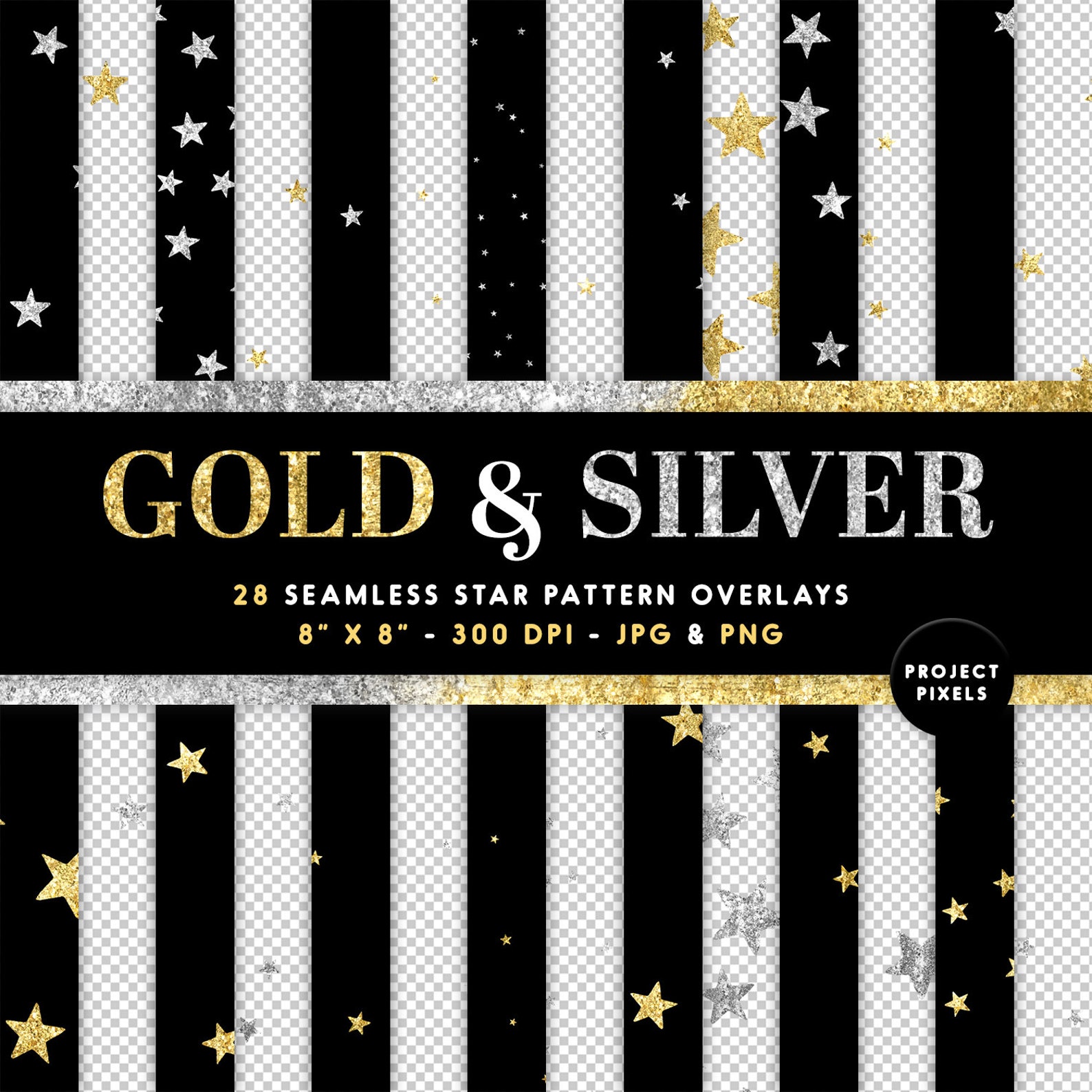 Gold and Silver Glitter Stars, Seamless Patterns, Star Overlays ...