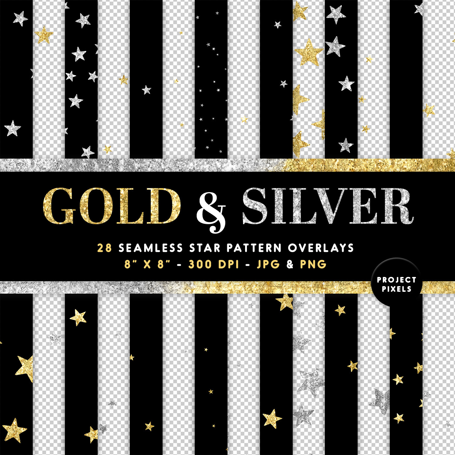 Gold and Silver Glitter Stars, Seamless Patterns, Star Overlays ...
