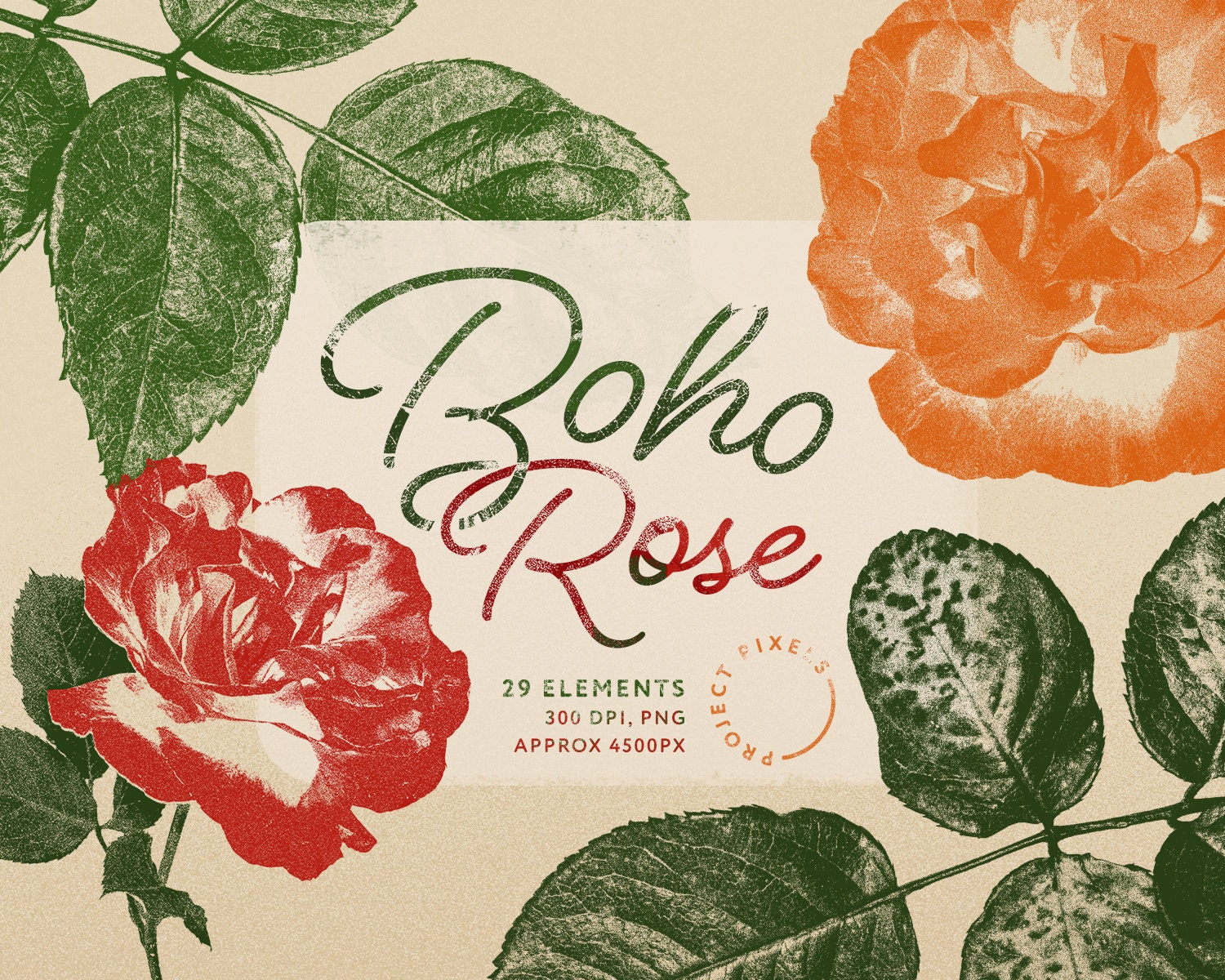 Boho Rose, Bohemian Flower Clip Art, Screen Print Texture, Autumn Color ...