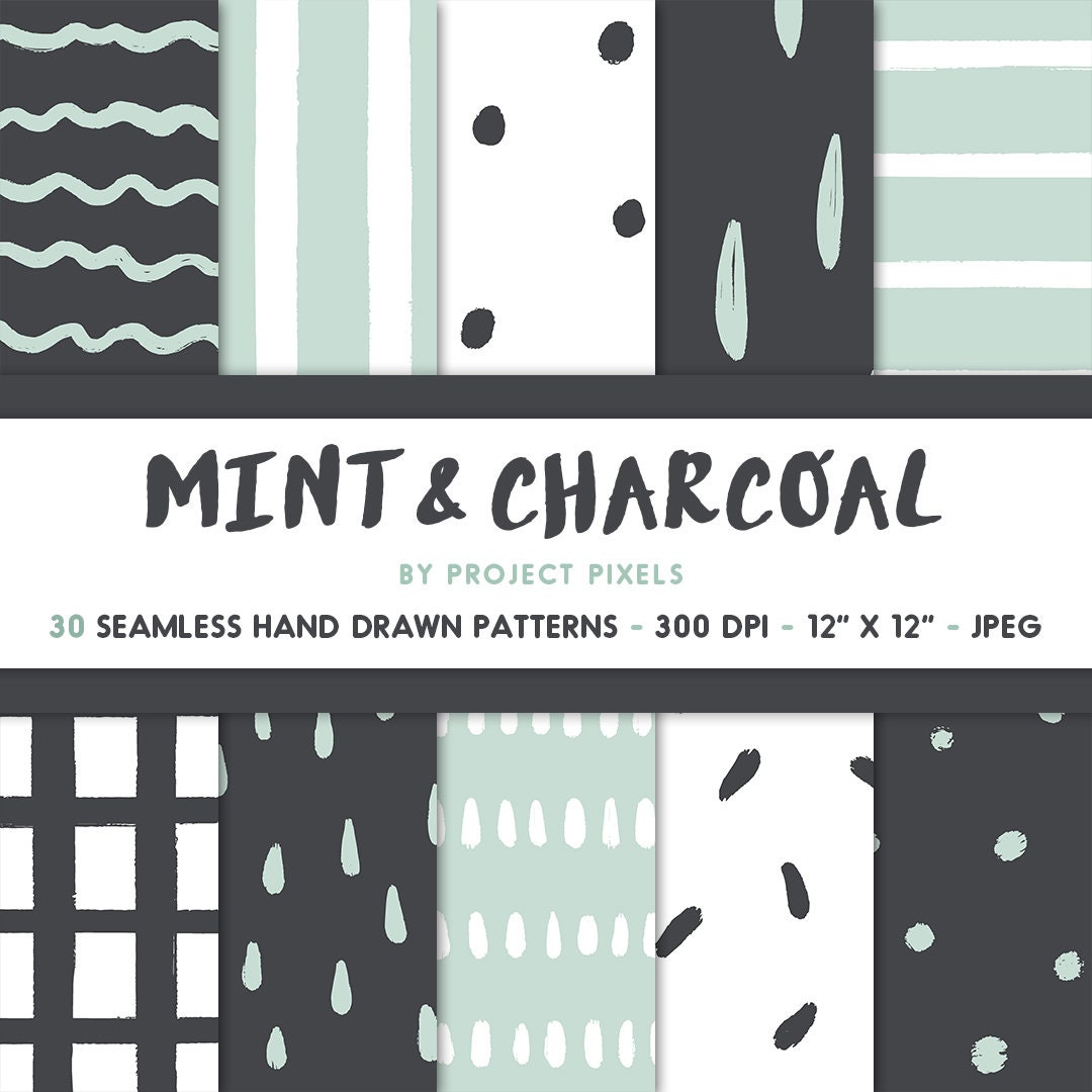 Mint & Charcoal Hand Drawn Patterns, Seamless Patterns, Digital Paper ...