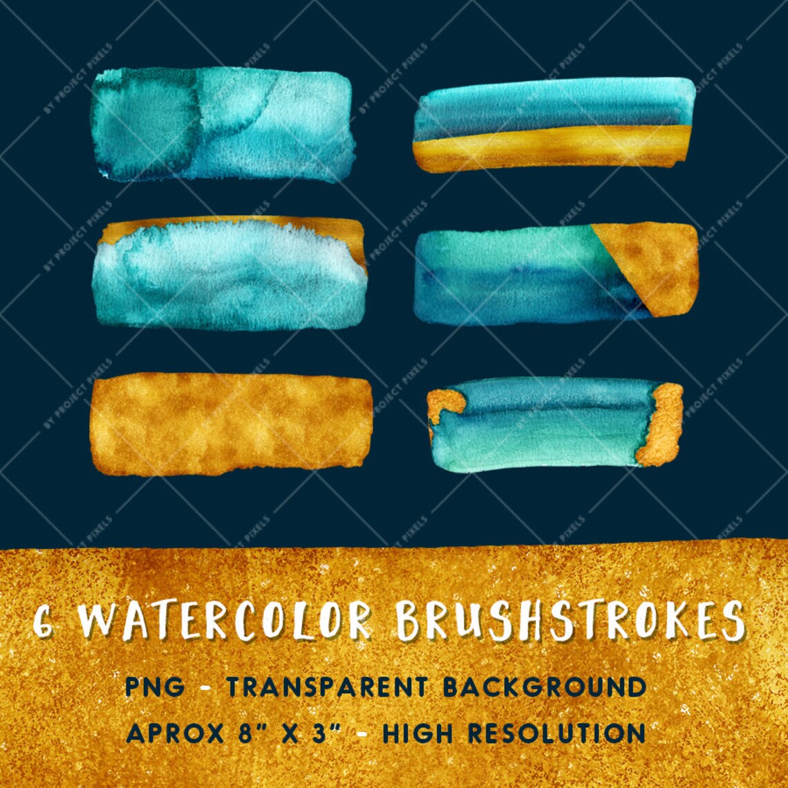 Gold & Teal Watercolor Brush Strokes Clip Art, Digital Resource, Brush ...