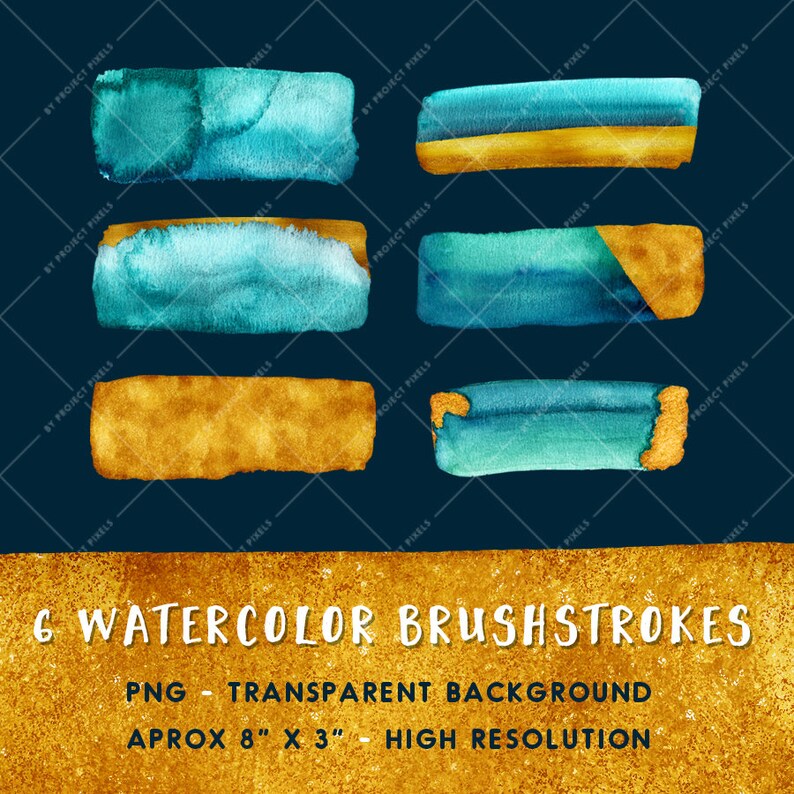 Gold & Teal Watercolor Brush Strokes Clip Art, Digital Resource, Brush ...