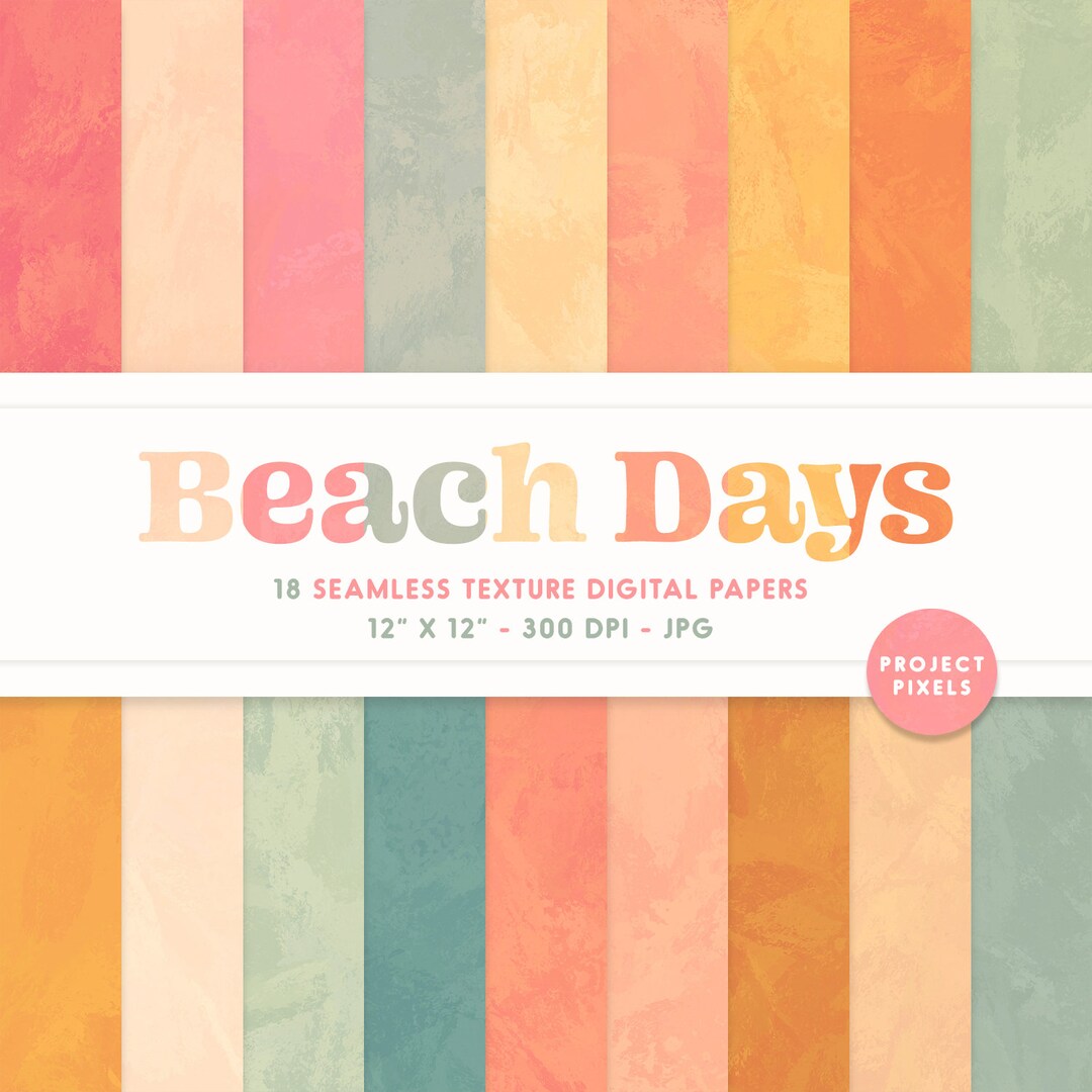 Beach Days, Summer Retro Color, Digital Paper Pack, Sun Sand Water, Art ...