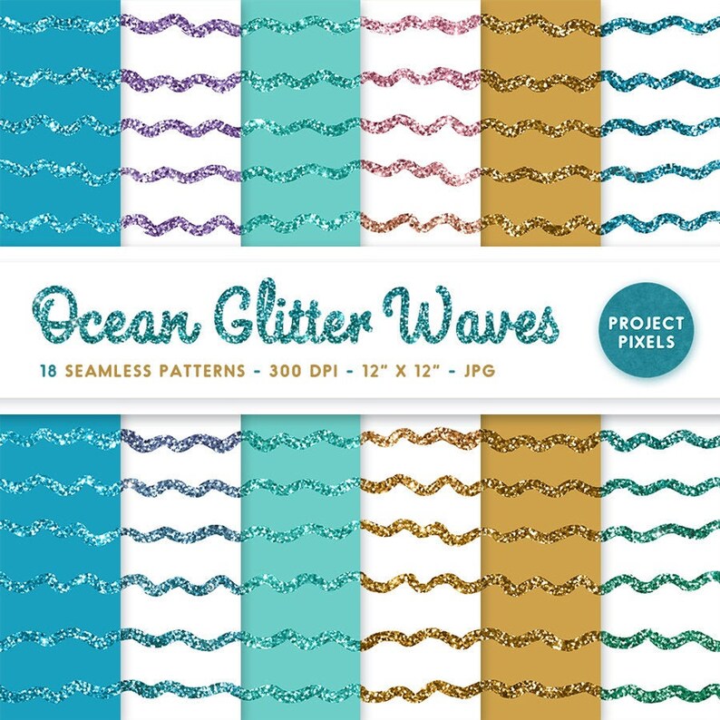 Ocean Glitter Waves, Seamless Patterns, Digital Paper Pack, Ocean Beach ...