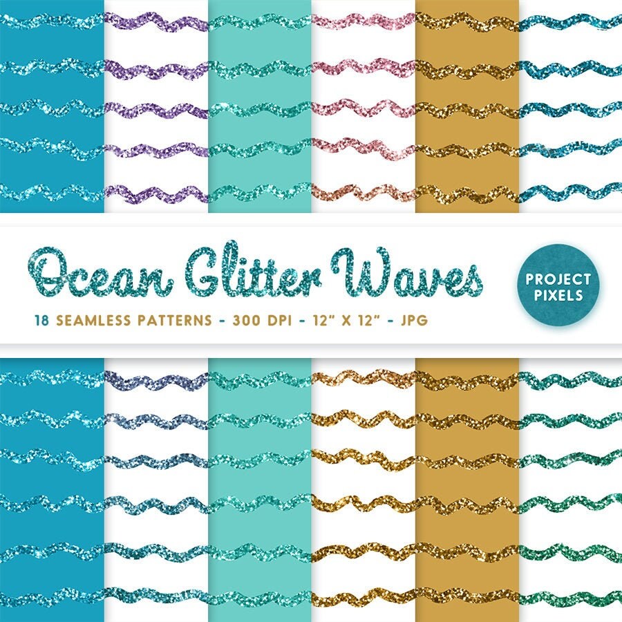 Ocean Glitter Waves, Seamless Patterns, Digital Paper Pack, Ocean Beach ...