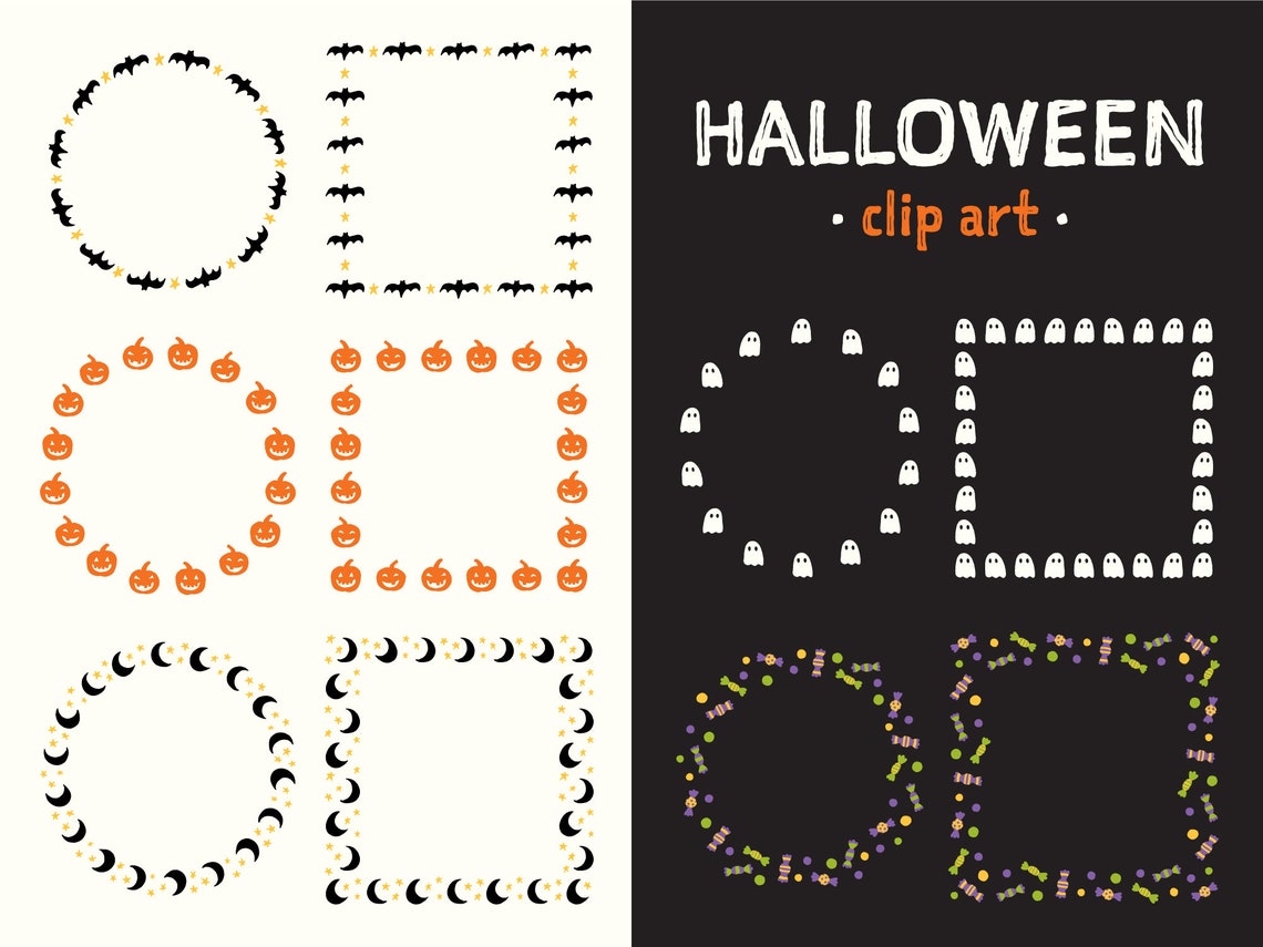 Halloween Clip Art, Vector Ai SVG PNG, Frames, Ghost, Bat, Candy ...