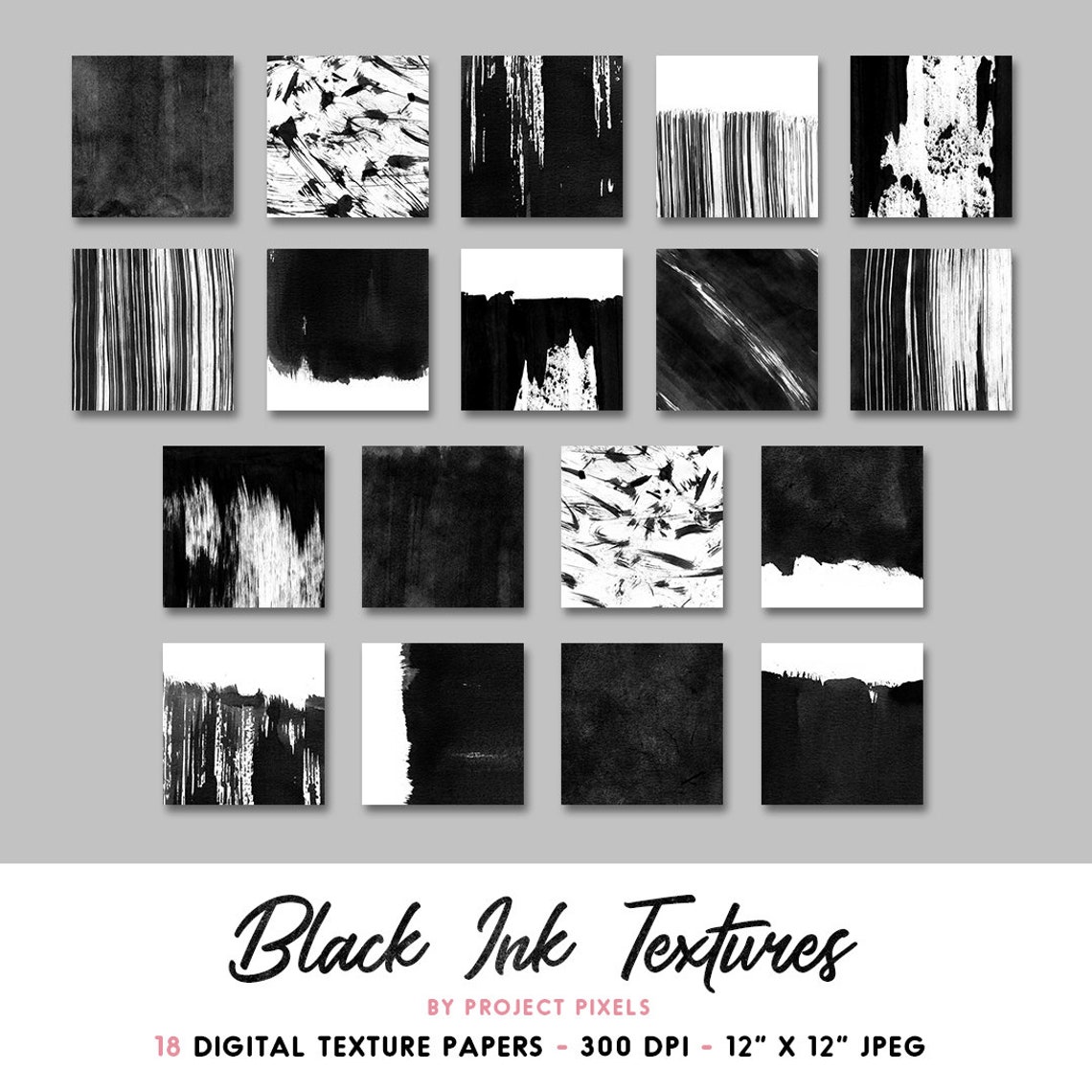 Black Ink Textures, Digital Paper, Black and White, Grunge Texture ...