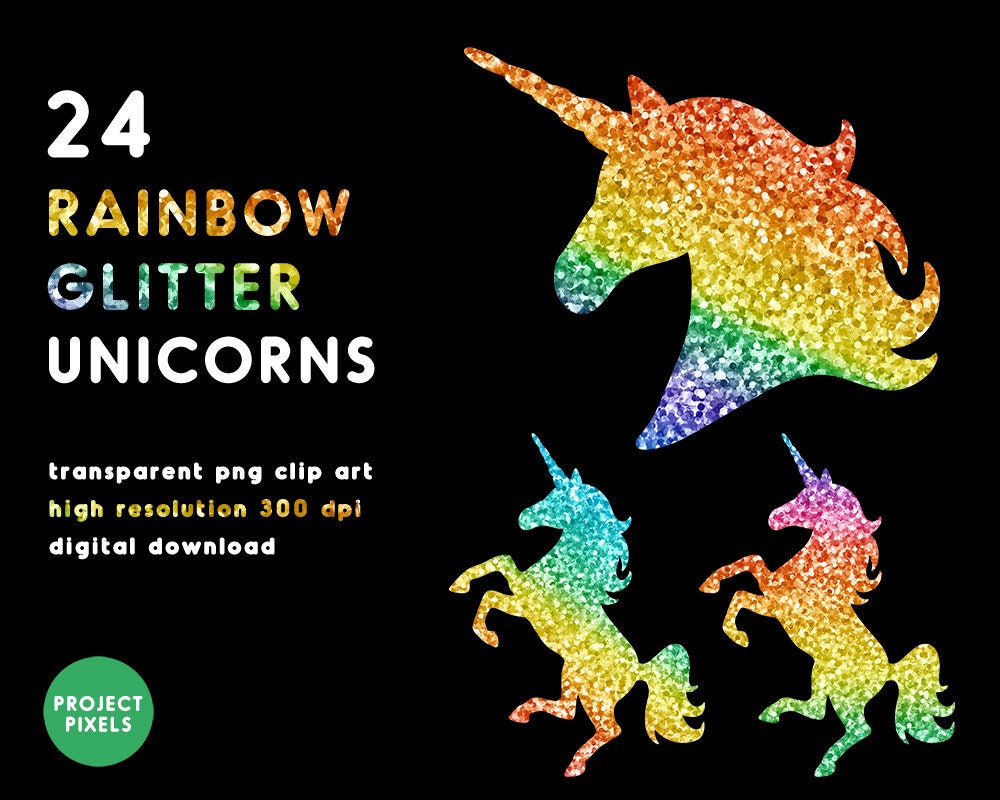24 Rainbow Glitter Unicorns Unicorn Clip Art Glitter - Etsy
