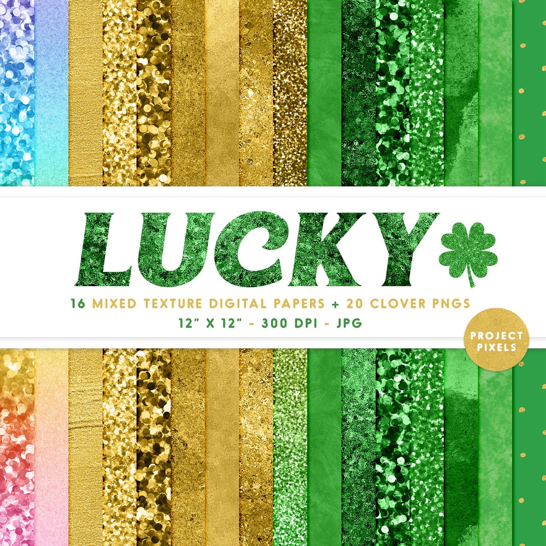 Lucky Digital Paper Mix, Green Gold Paper, Seamless Patterns, Holiday ...