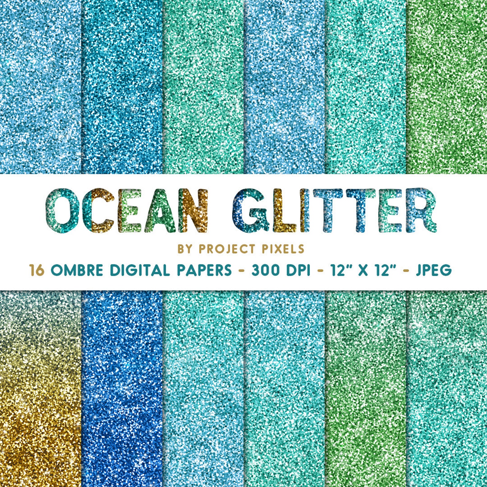 Ocean Ombre Glitter, Digital Paper, Glitter Backgrounds, Glitter ...