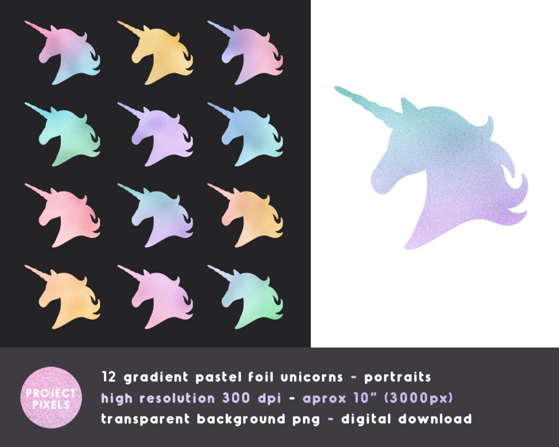24 Gradient Pastel Unicorns, Unicorn Clip Art, Pastel Foil Clipart ...