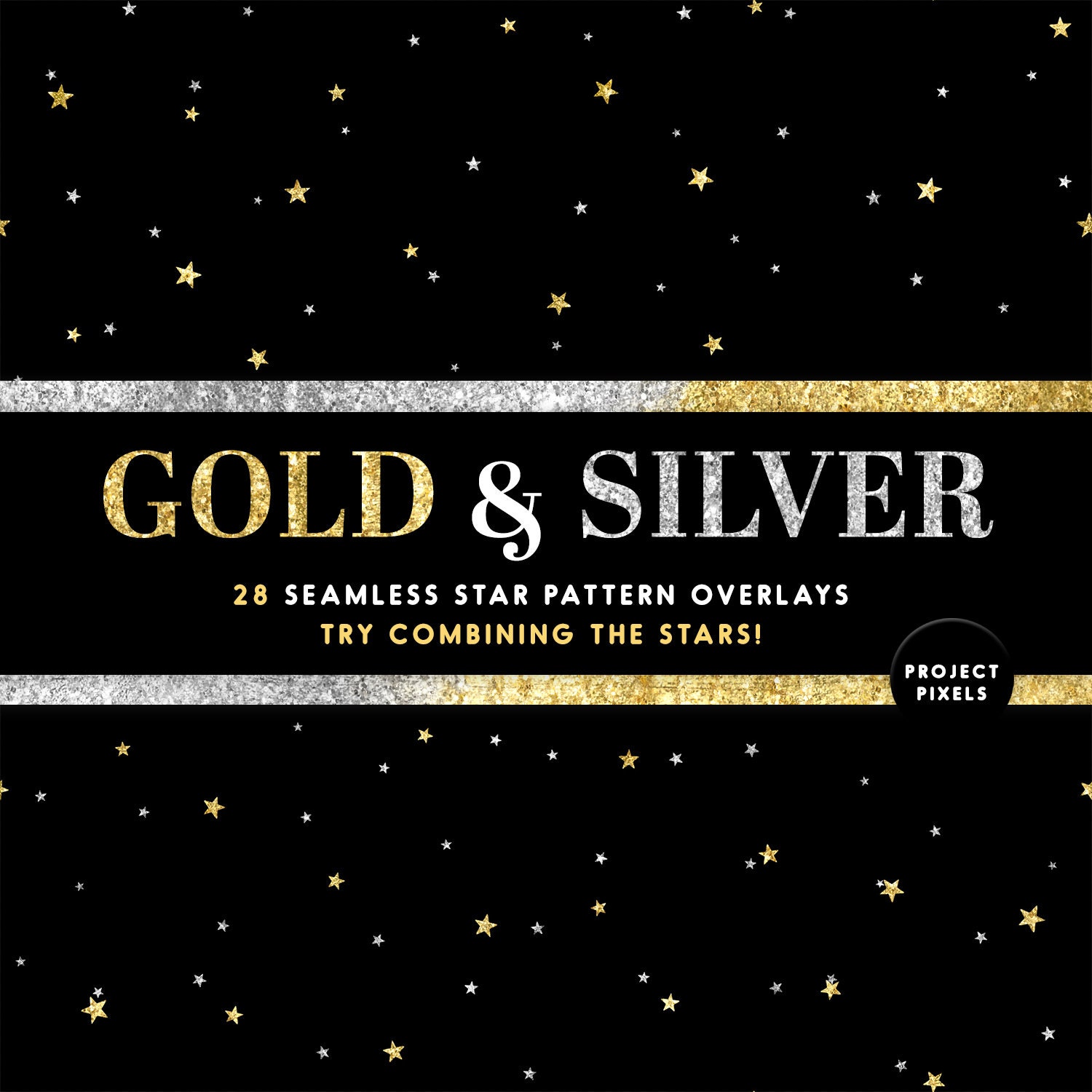 Gold and Silver Glitter Stars, Seamless Patterns, Star Overlays ...