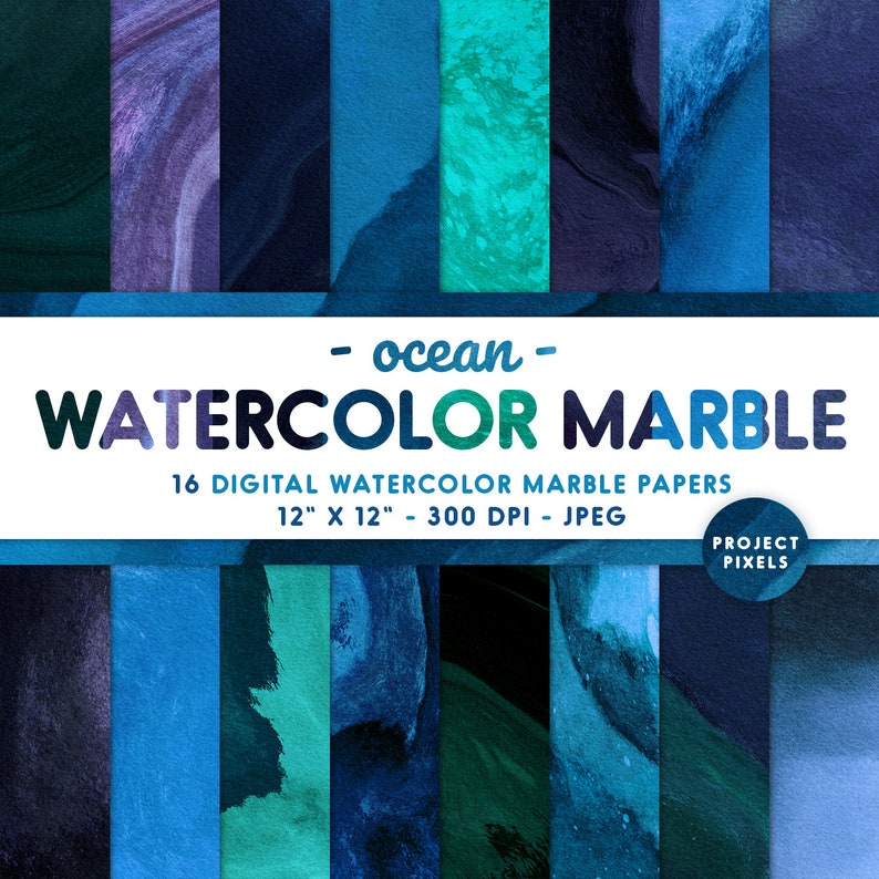 Ocean Watercolor Marble Digital Paper, Abstract Blue Watercolor Texture ...