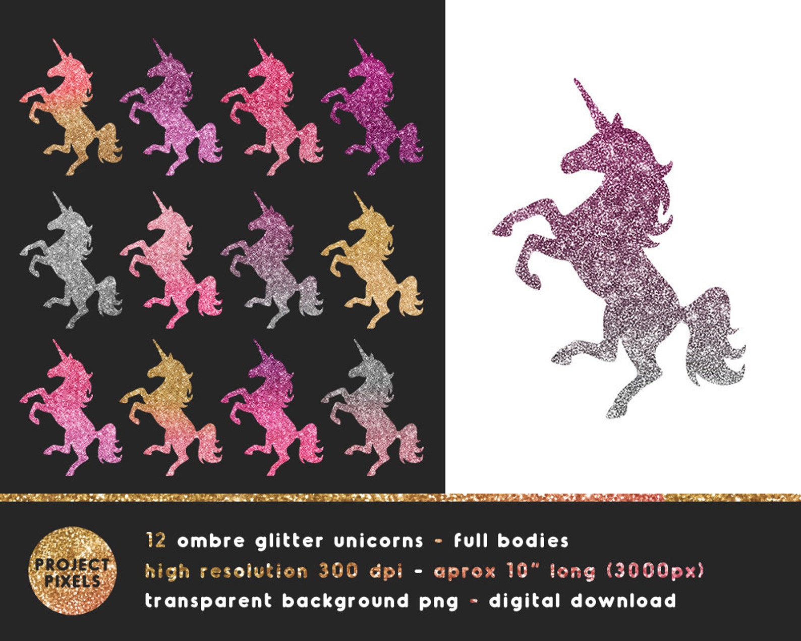 24 Ombre Glitter Unicorns Unicorn Clip Art Gradient Glitter - Etsy