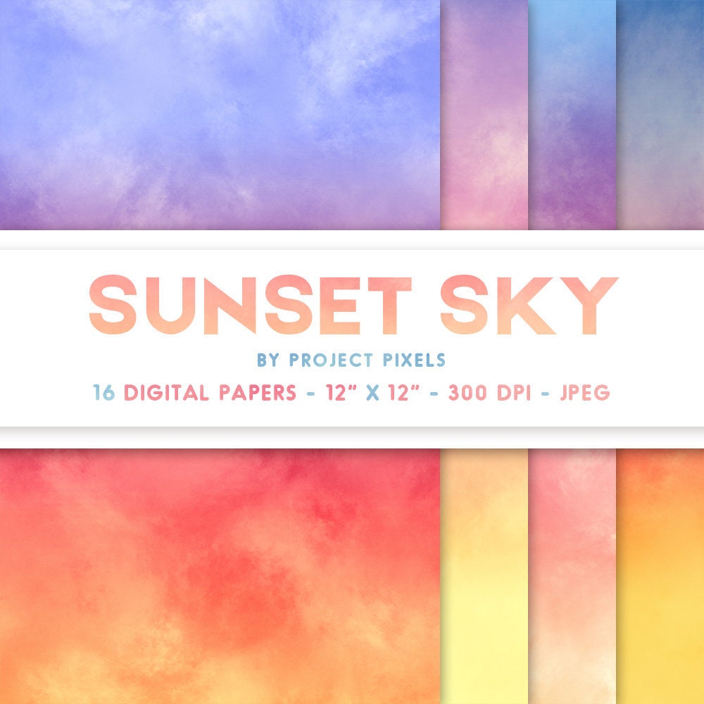 Sunset Sky Digital Paper, Soft Paint Texture, Sky Backgrounds, Sun Art ...