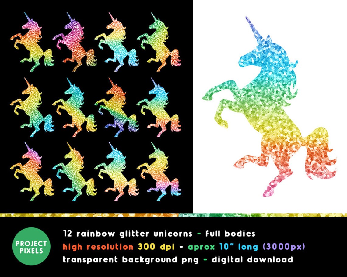 24 Rainbow Glitter Unicorns Unicorn Clip Art Glitter - Etsy