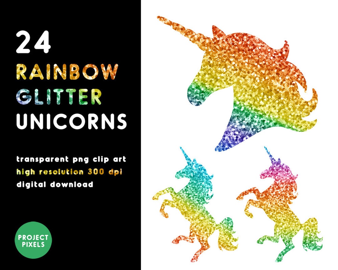 24 Rainbow Glitter Unicorns, Unicorn Clip Art, Glitter Clipart, Rainbow ...